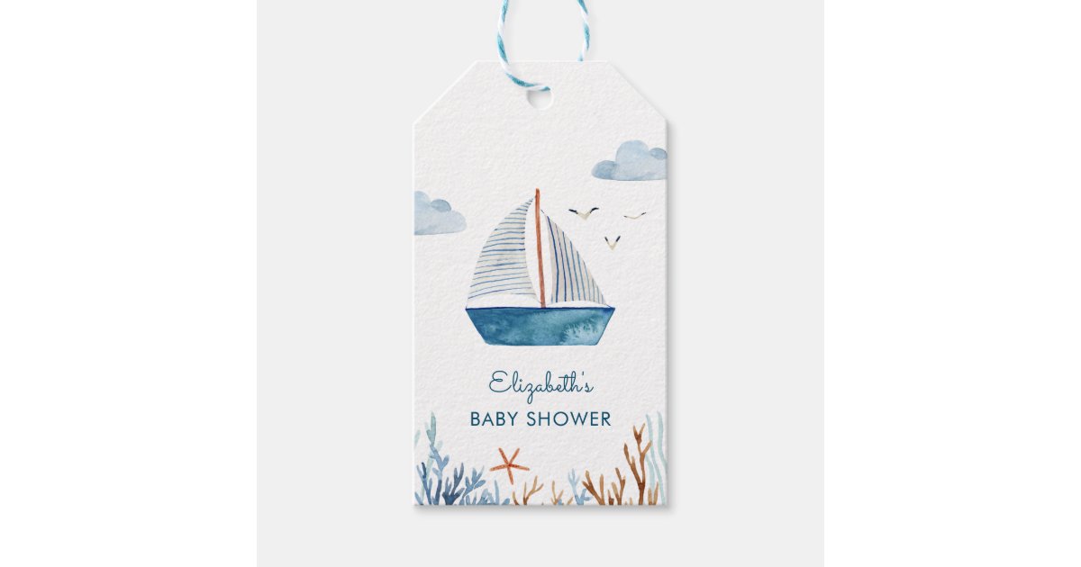 Cute Watercolor Boat Nautical Baby Shower Gift Tags | Zazzle