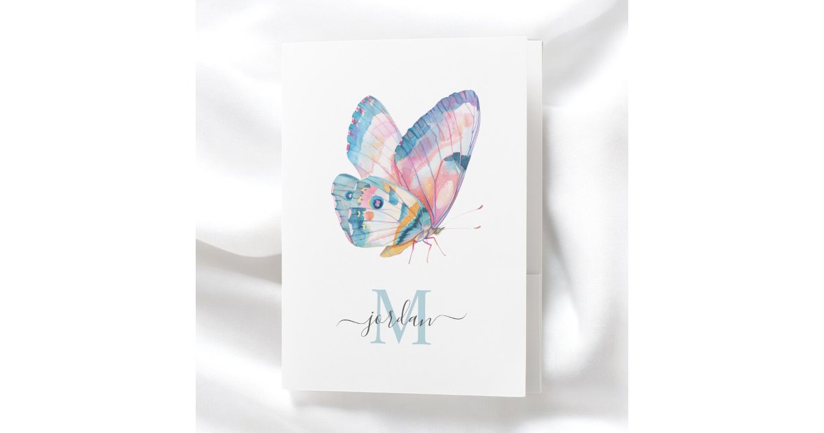 Cute Watercolor Butterfly with Your Monogram Pocket Folder | Zazzle