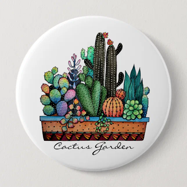 Cute Watercolor Cactus Garden In Pot Button | Zazzle