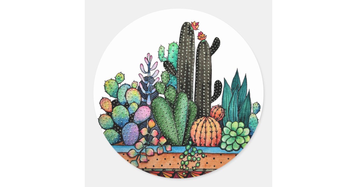 Cute Watercolor Cactus Garden In Pot Classic Round Sticker | Zazzle
