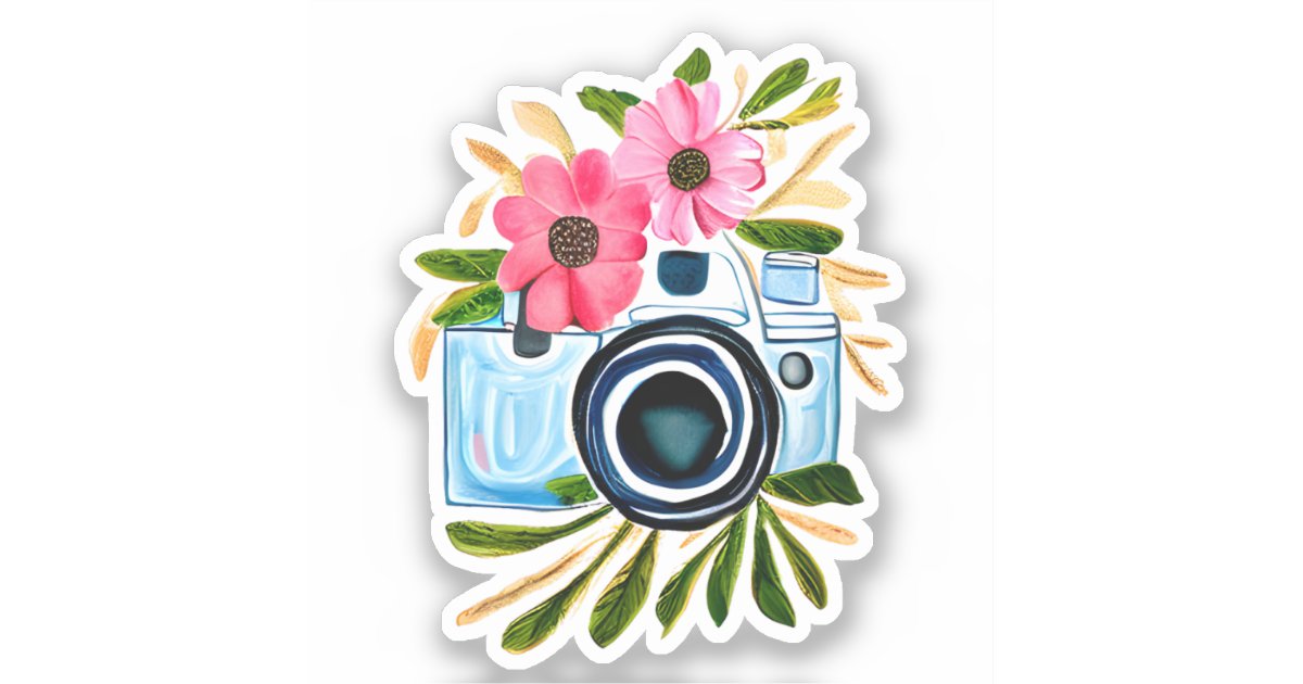 Cute Watercolor Camera and Flowers Sticker | Zazzle