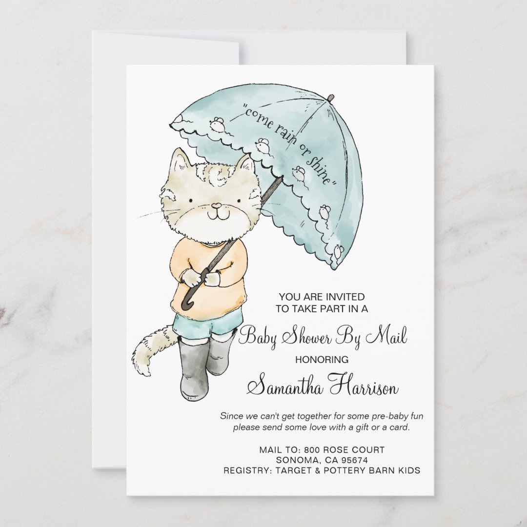 Cute Watercolor Cat Baby Shower By Mail Invitation | Zazzle