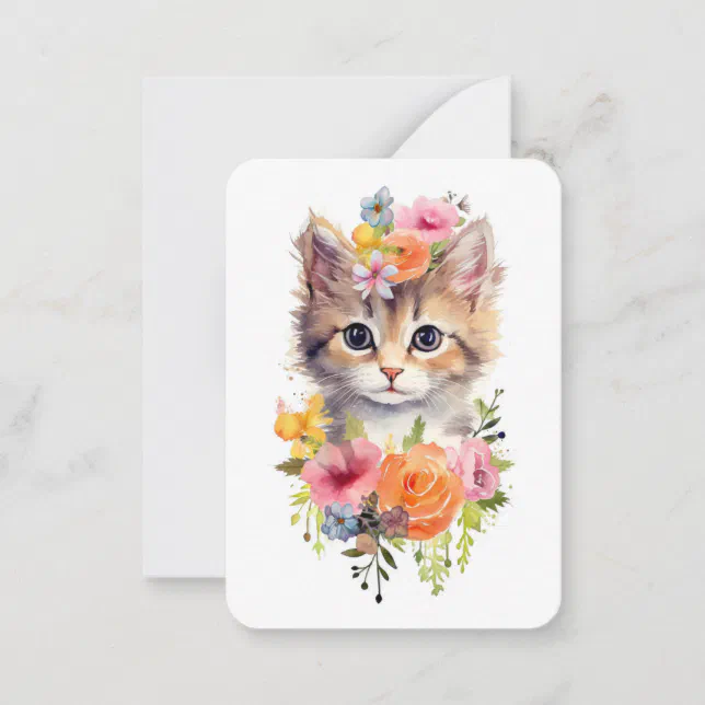 Cute Watercolor Cat with Flowers Note Card | Zazzle