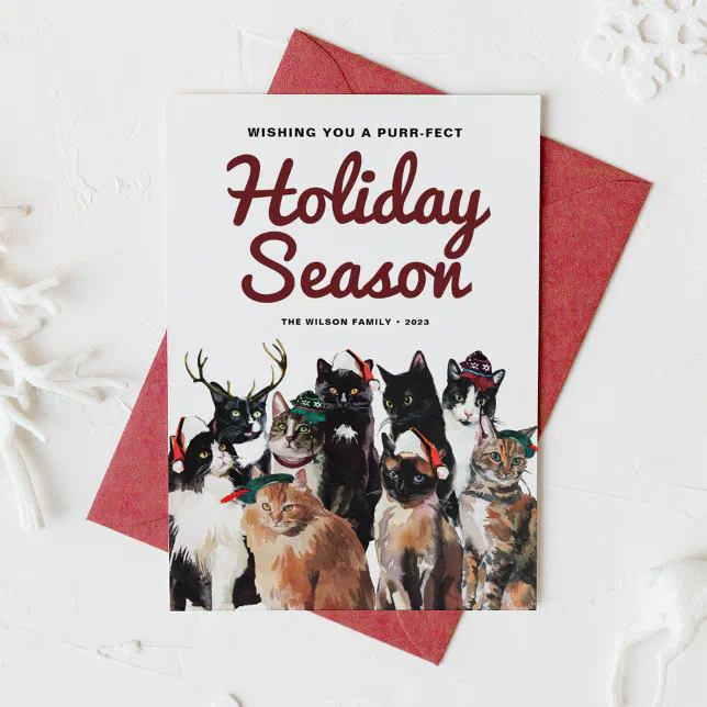 Cute Watercolor Cats Purr-fect Christmas Holiday Card | Zazzle