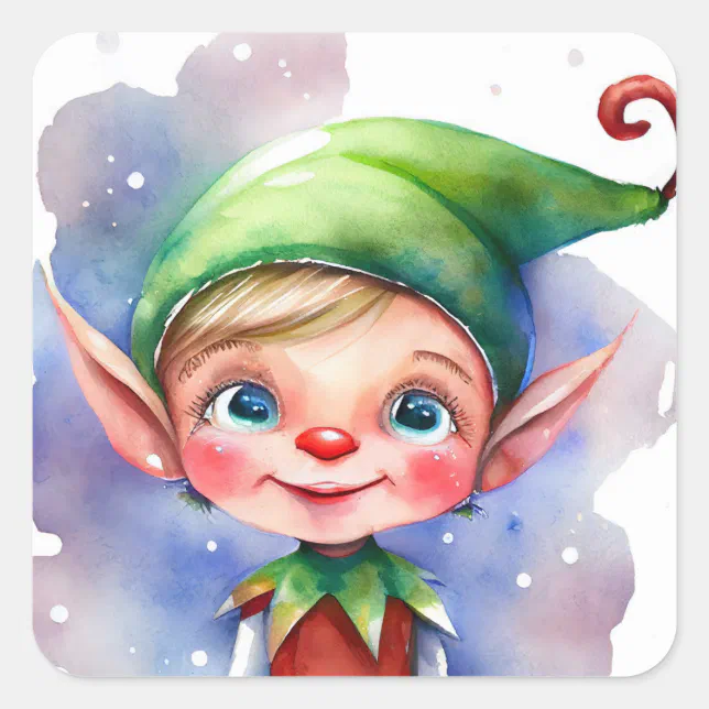Cute Watercolor Christmas Elf with Long Ears Square Sticker | Zazzle