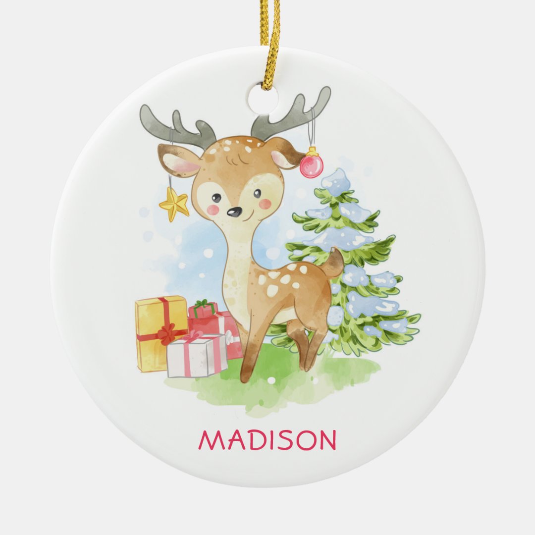 Cute Watercolor Christmas Reindeer Personalized Ceramic Ornament | Zazzle