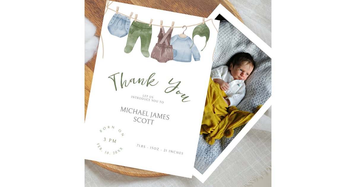 Cute Watercolor Clothes Modern Photo Baby Shower Thank You Card | Zazzle