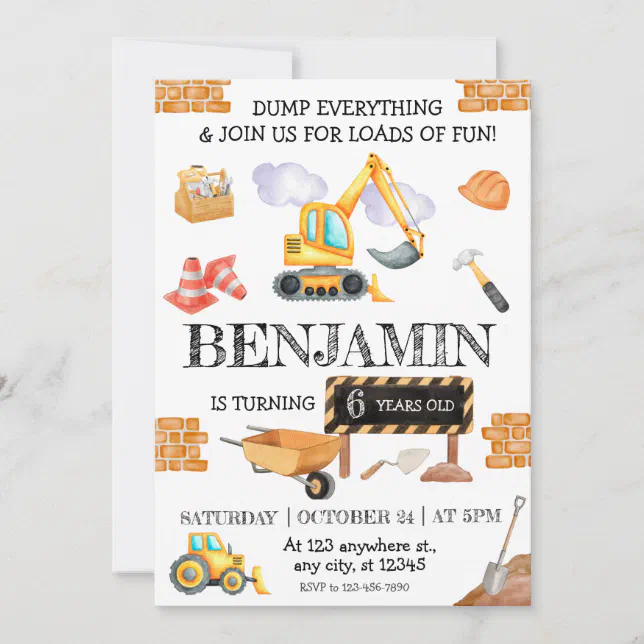 Cute Watercolor Construction Birthday Invitation | Zazzle