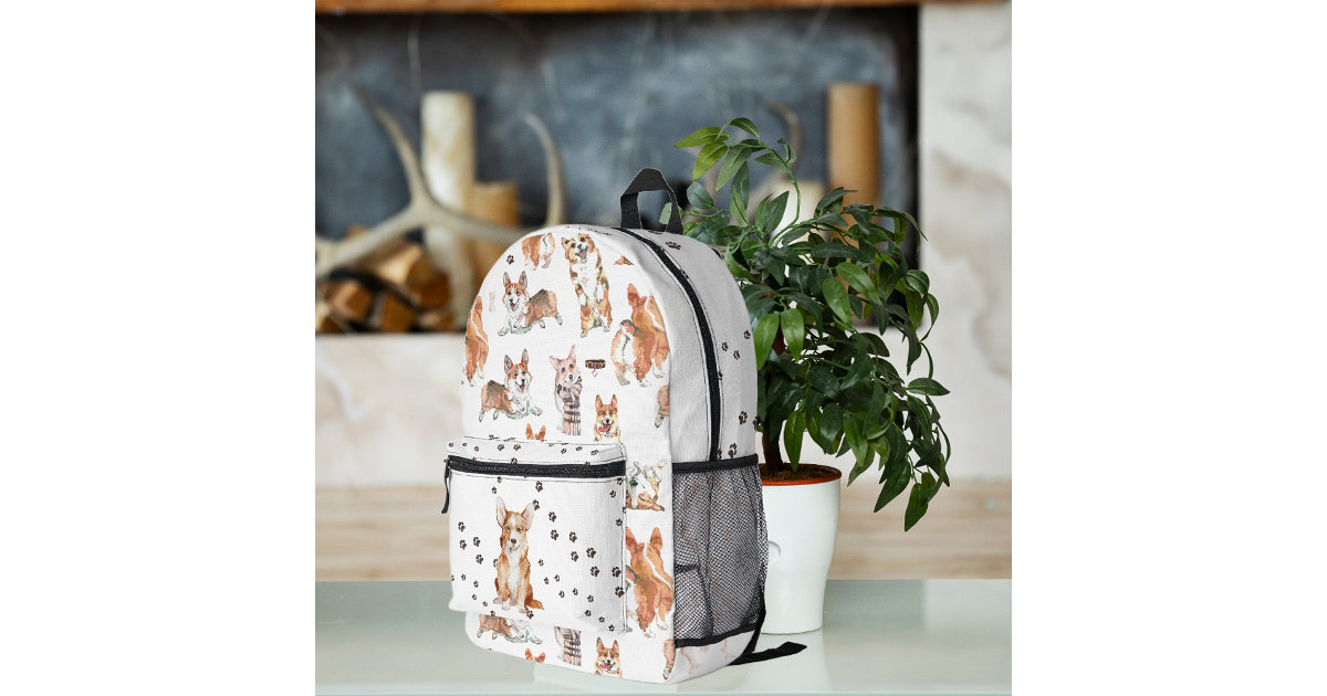Cute Watercolor Corgi Dog Pattern Monogram Printed Backpack | Zazzle