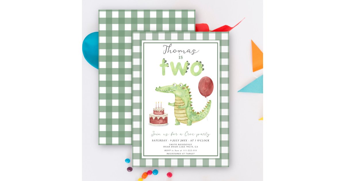 Cute Watercolor Crocodile Two Birthday Party Invitation | Zazzle