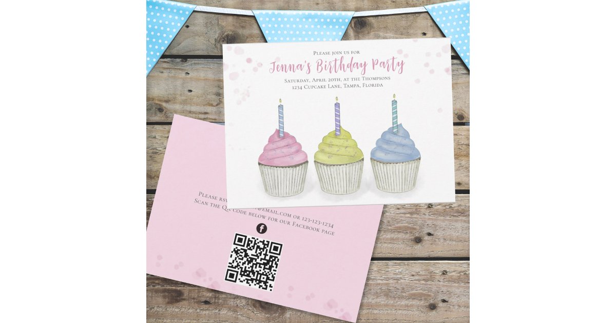 Cute Watercolor Cupcakes QR Code Social Media Invitation | Zazzle