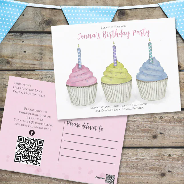 Cute Watercolor Cupcakes QR Code Social Media Postcard | Zazzle