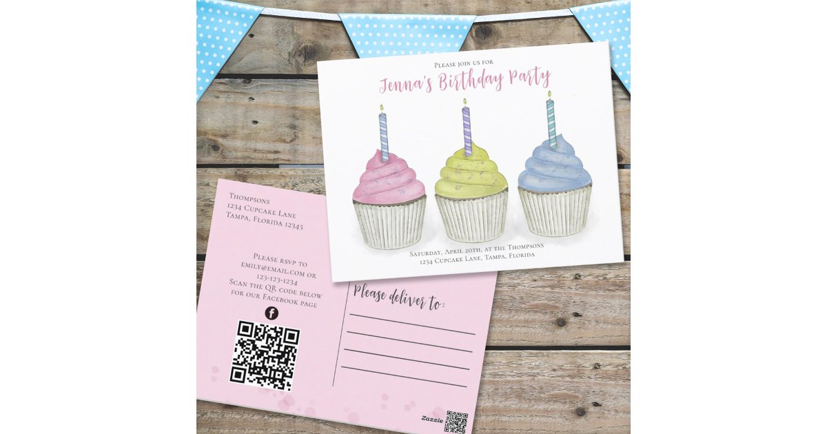 Cute Watercolor Cupcakes QR Code Social Media Postcard | Zazzle
