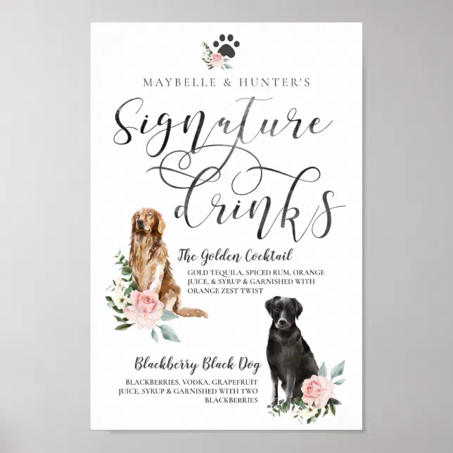 Cute Watercolor Dogs Couple's Signature Drinks Poster | Zazzle