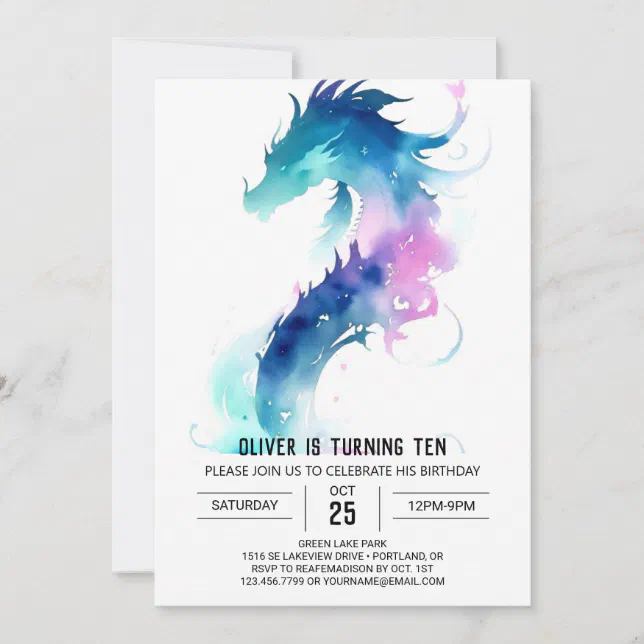 Cute Watercolor Dragon Fantasy Birthday Invitation | Zazzle