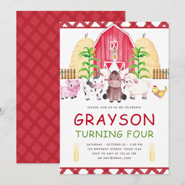 Cute Watercolor Farm Birthday Invitation | Zazzle