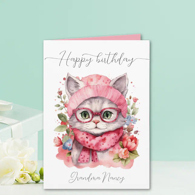 Cute Watercolor Floral Cat Grandma Happy Birthday Card | Zazzle