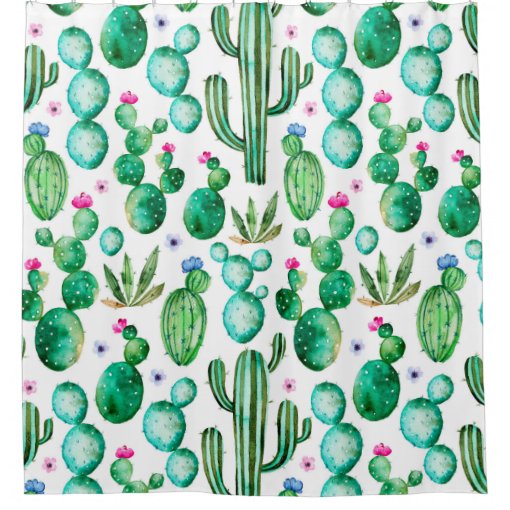 Cute Watercolor Flowering Cactus Patterned Shower Curtain Zazzle