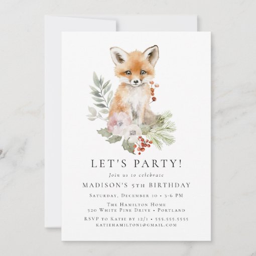 Cute Watercolor Fox Winter Birthday Party Invitation | Zazzle