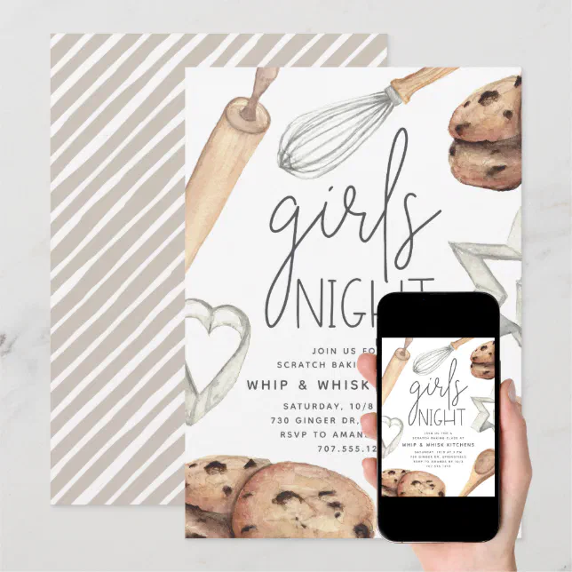 Cute Watercolor Girls Night Out Baking Class Invitation | Zazzle