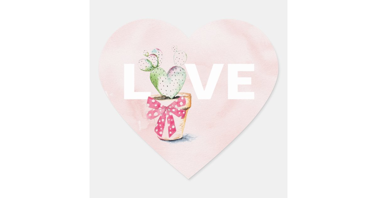 Cute Watercolor Heart Cactus Valentines Day Heart Sticker | Zazzle