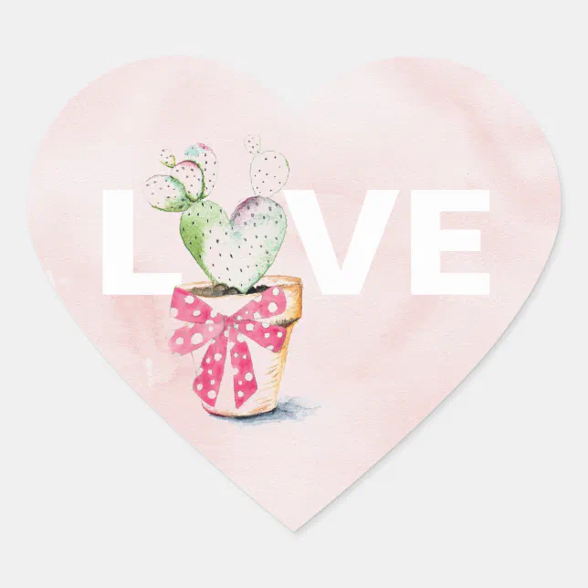 Cute Watercolor Heart Cactus Valentines Day Heart Sticker | Zazzle