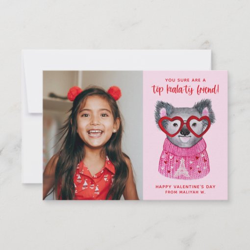 Cute Watercolor Koala Kids Photo Valentine Card | Zazzle