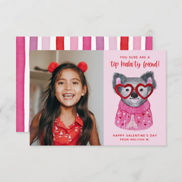 Cute Watercolor Koala Kids Photo Valentine Card | Zazzle