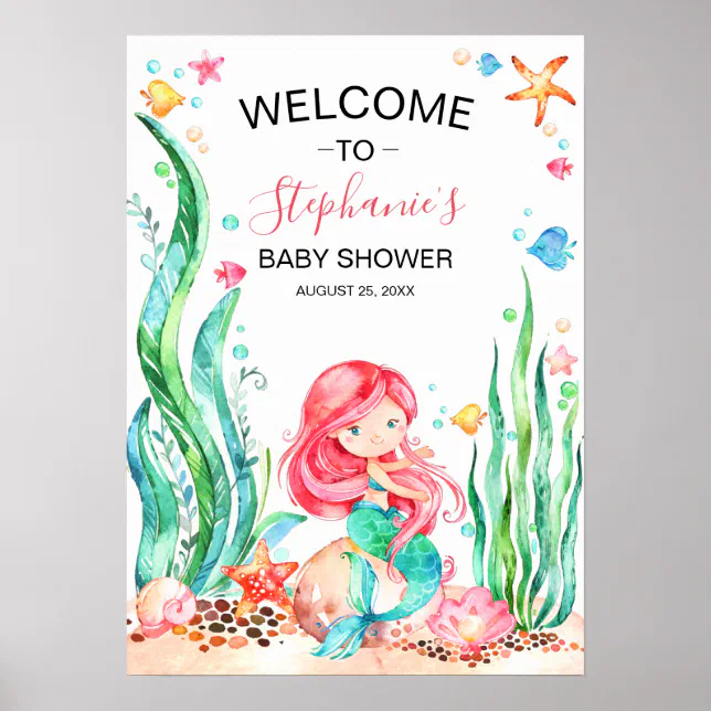 Cute Watercolor Mermaid Under the Sea Baby Shower Poster | Zazzle