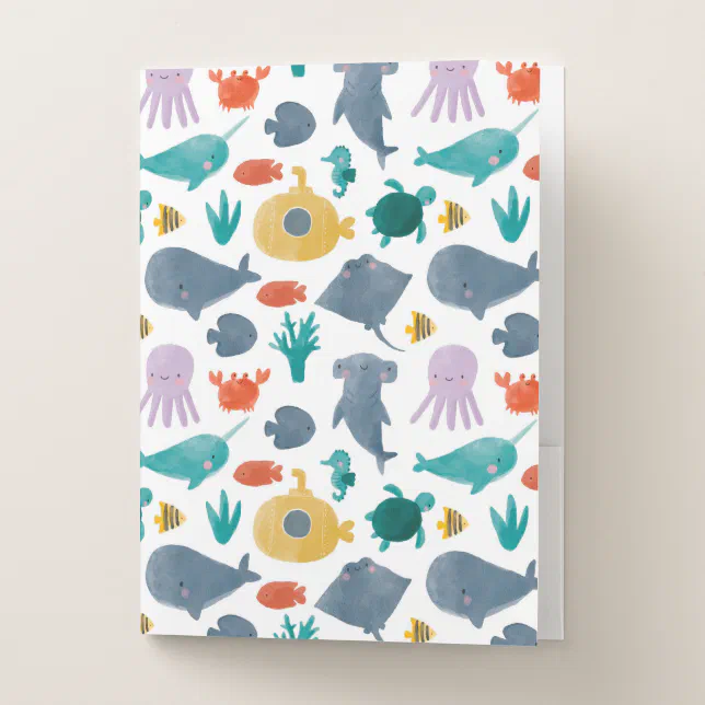 Cute Watercolor Ocean Animals Pattern Pocket Folder | Zazzle