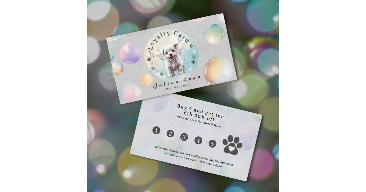 Cute Watercolor Puppy Bubble Suds Dog Groomer Loyalty Card | Zazzle