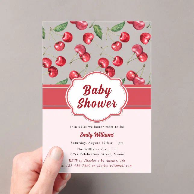 Cute Watercolor Red Cherry Baby Shower Acrylic Invitations | Zazzle