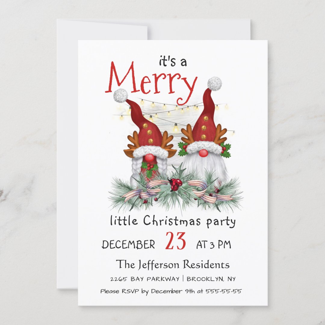 Cute Watercolor Red Gnomes Little Christmas Party Invitation | Zazzle