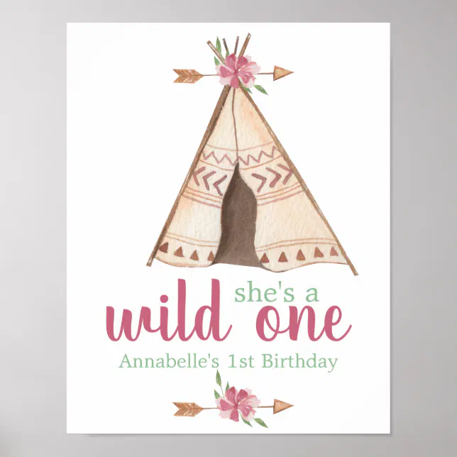 Cute Watercolor Teepee Boho 1st Birthday Poster | Zazzle