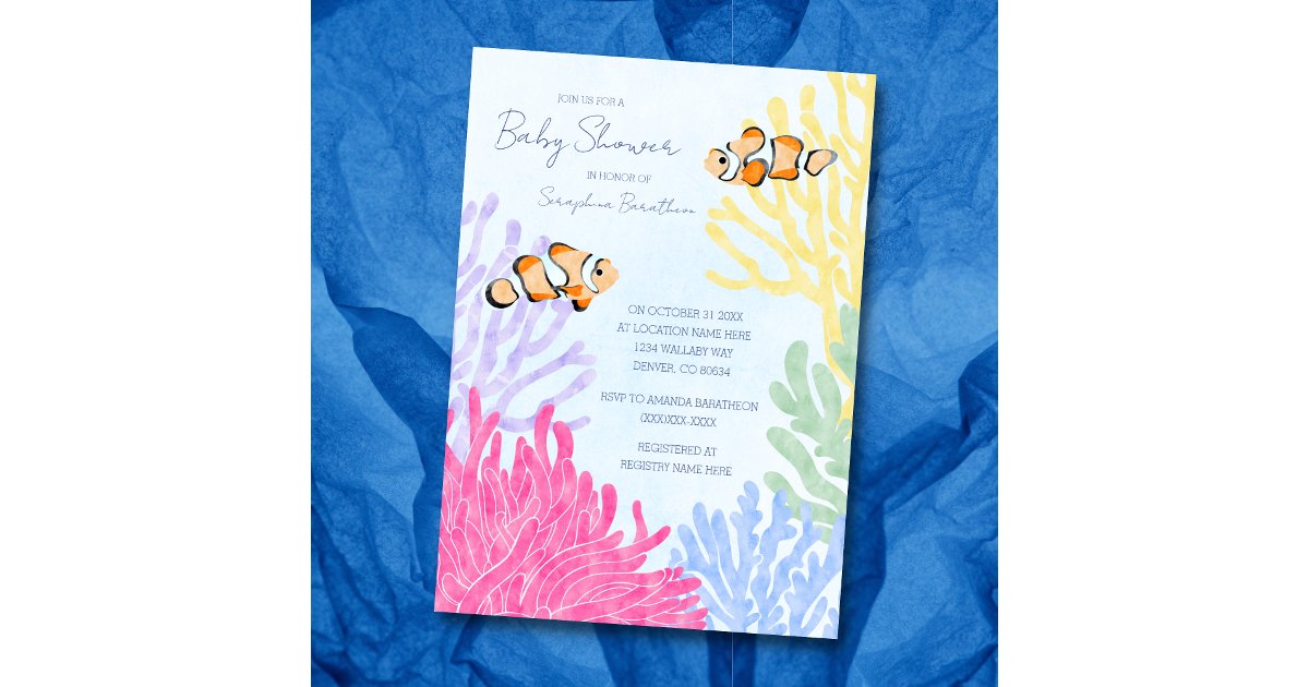 Cute Watercolor Tropical Clown Fish Baby Shower Invitation | Zazzle