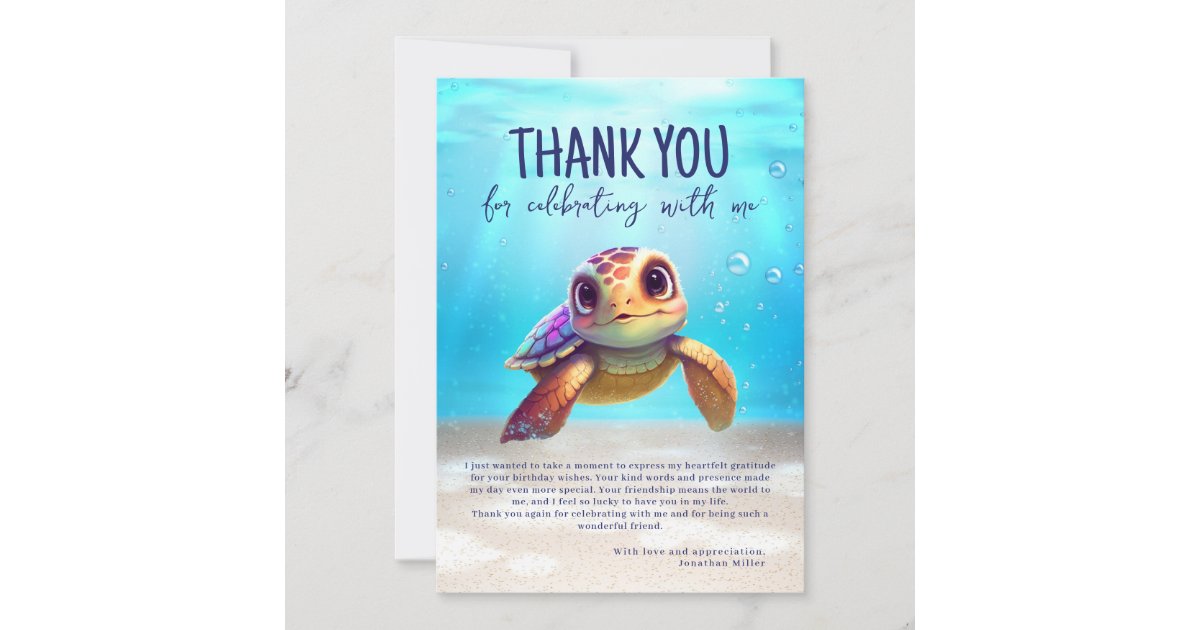 Cute Watercolor Turtle Birthday Photo Thank You Card | Zazzle