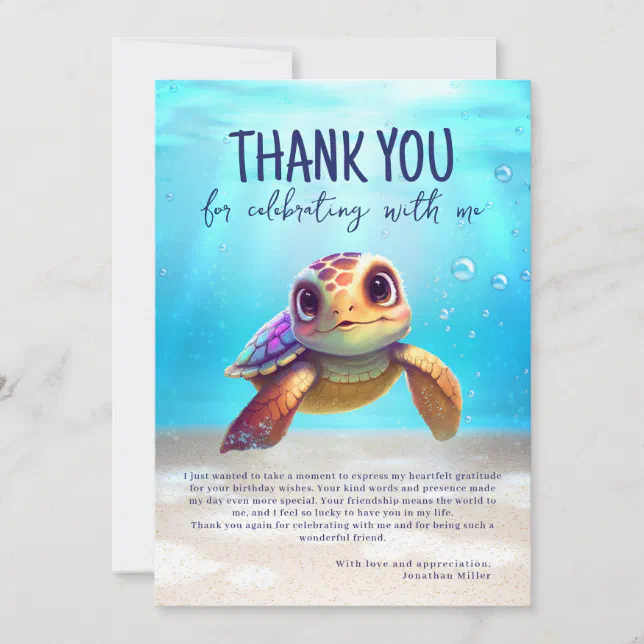 Cute Watercolor Turtle Birthday Photo Thank You Card | Zazzle