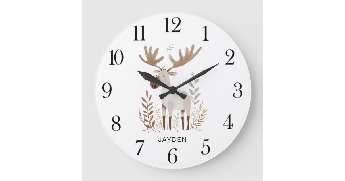 Cute Watercolor Woodland Moose Personalized Large Clock | Zazzle