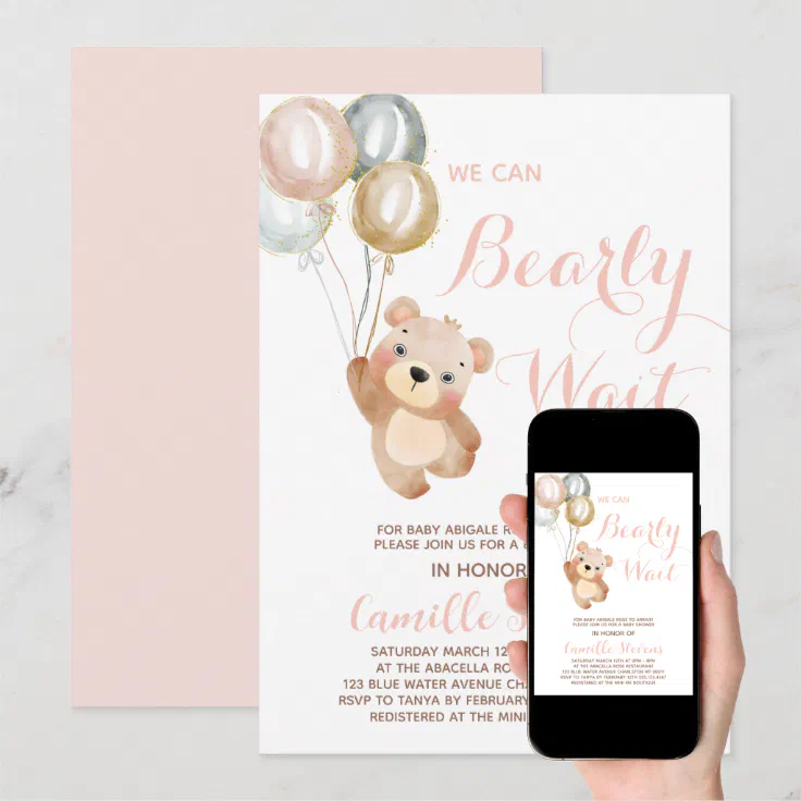 Cute We Can Bearly Wait Bear Baby Shower Girl Invitation | Zazzle
