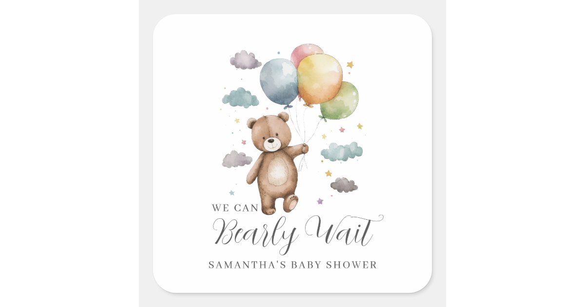 Cute We Can Bearly Wait Bear Balloon Baby Shower Square Sticker | Zazzle