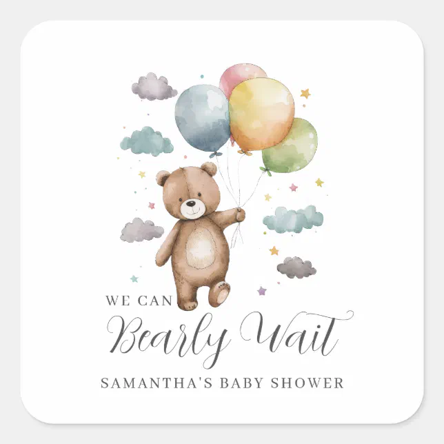 Cute We Can Bearly Wait Bear Balloon Baby Shower Square Sticker | Zazzle