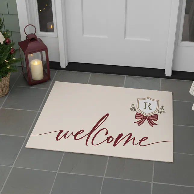 Cute Welcome Monogram Crest Holiday Bow Christmas Doormat | Zazzle