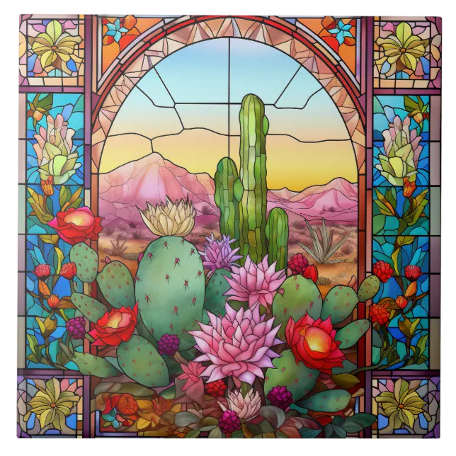 cute western cactus lovers stained glass ceramic tile | Zazzle