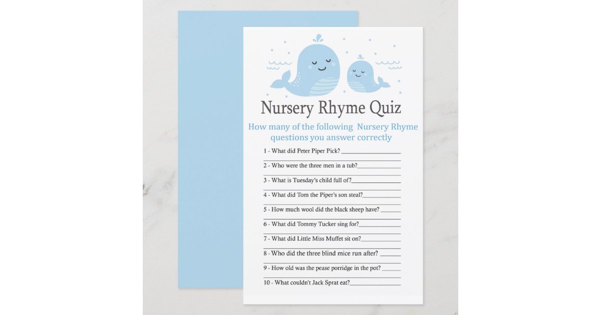 Cute Whale Nursery Rhyme Quiz baby shower game | Zazzle