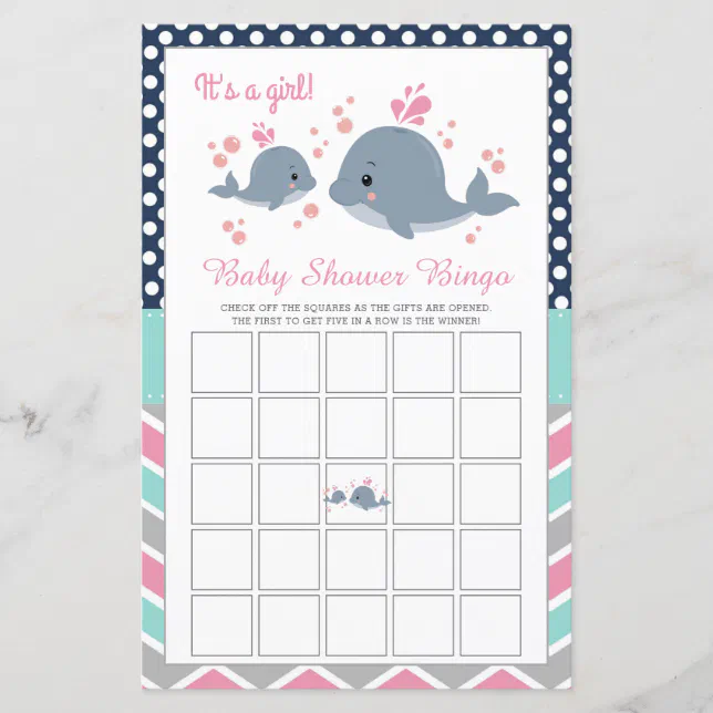 Cute Whale Shower Baby Shower Bingo Game Card Girl | Zazzle