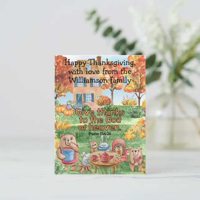 Cute Whimsical Animals Give Thanks Scripture Kids Postcard | Zazzle