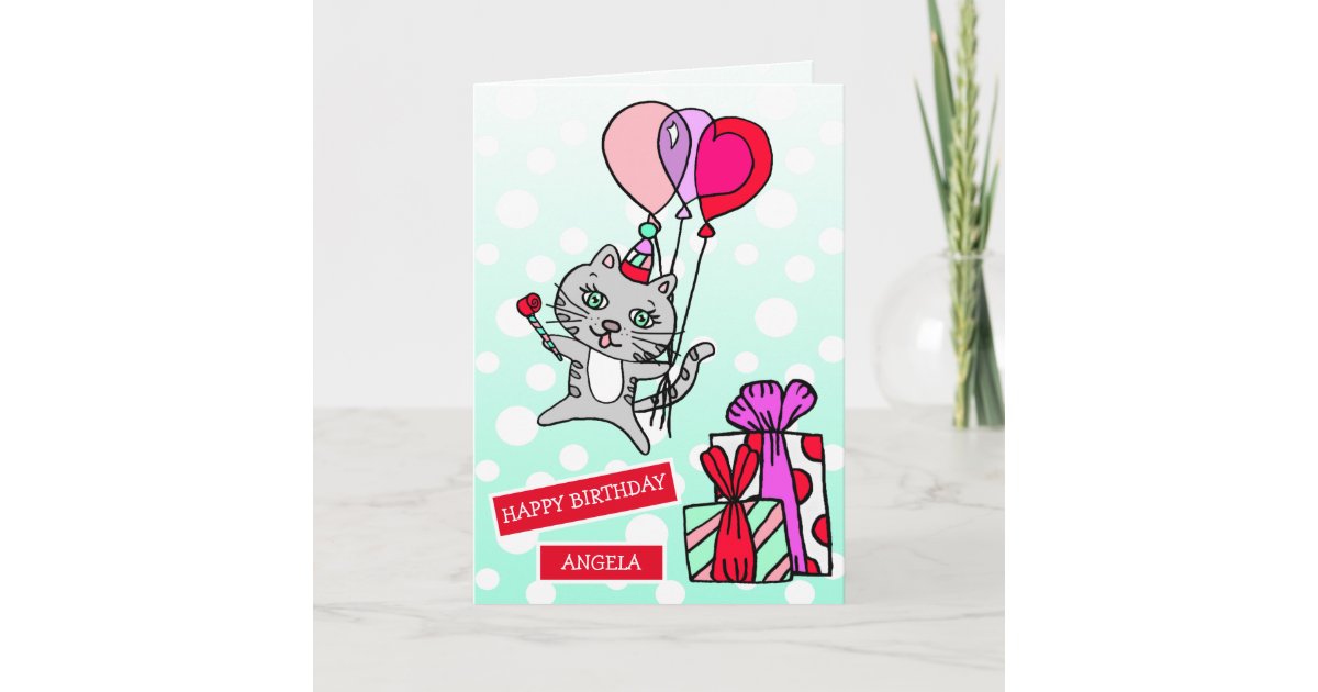 Cute Whimsical Cat and Balloons Birthday Card | Zazzle