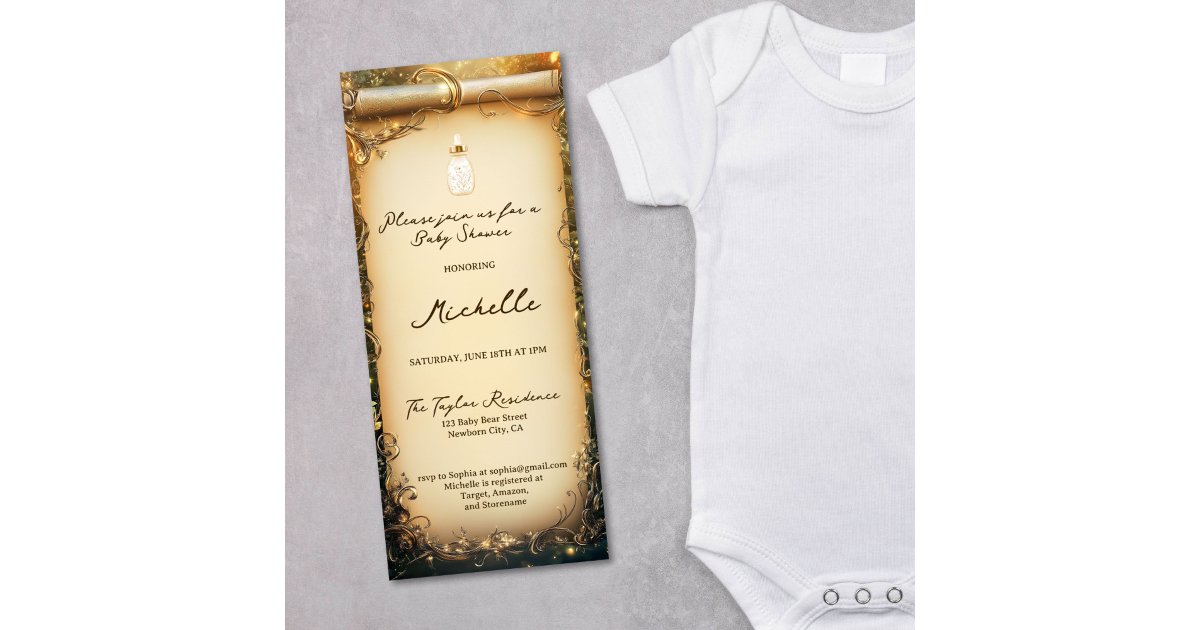Cute Whimsical Enchanted Forest Scroll Baby Shower Invitation | Zazzle