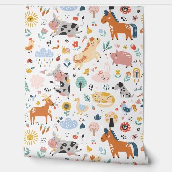 Cute Whimsical Farm Animals Modern Kids Pattern Wallpaper | Zazzle