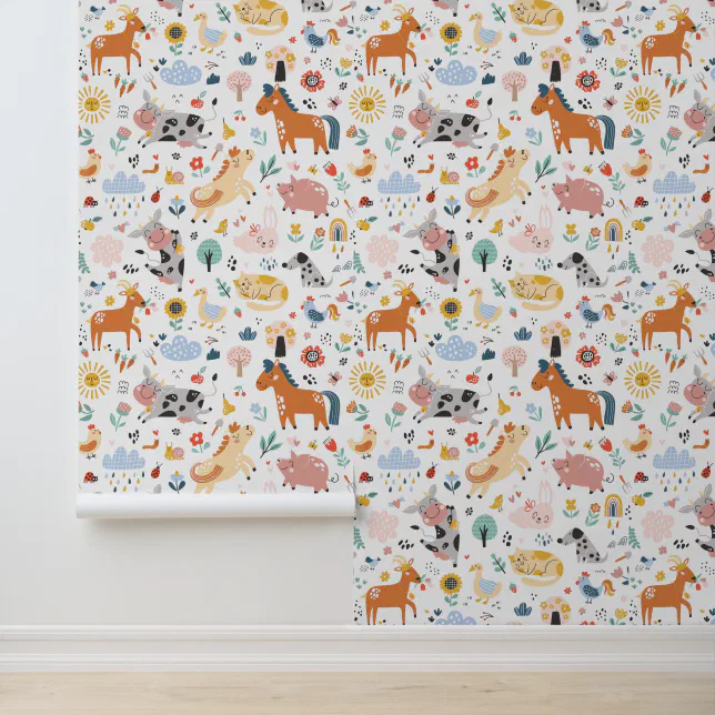 Cute Whimsical Farm Animals Modern Kids Pattern Wallpaper | Zazzle